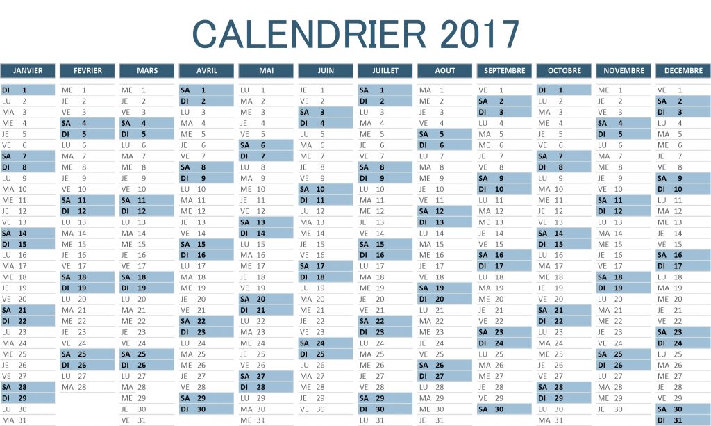 Calendrier 2017 Excel à télécharger gratuitement