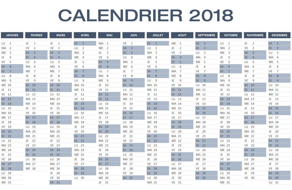 Calendrier 2018 Excel à télécharger gratuitement